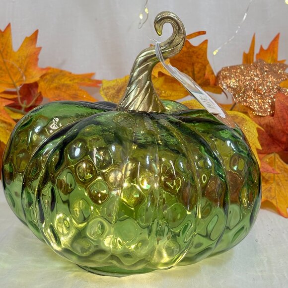 Holiday | Shabby Chic Green Textured Light Up Led Glass Pumpkin Metal ...